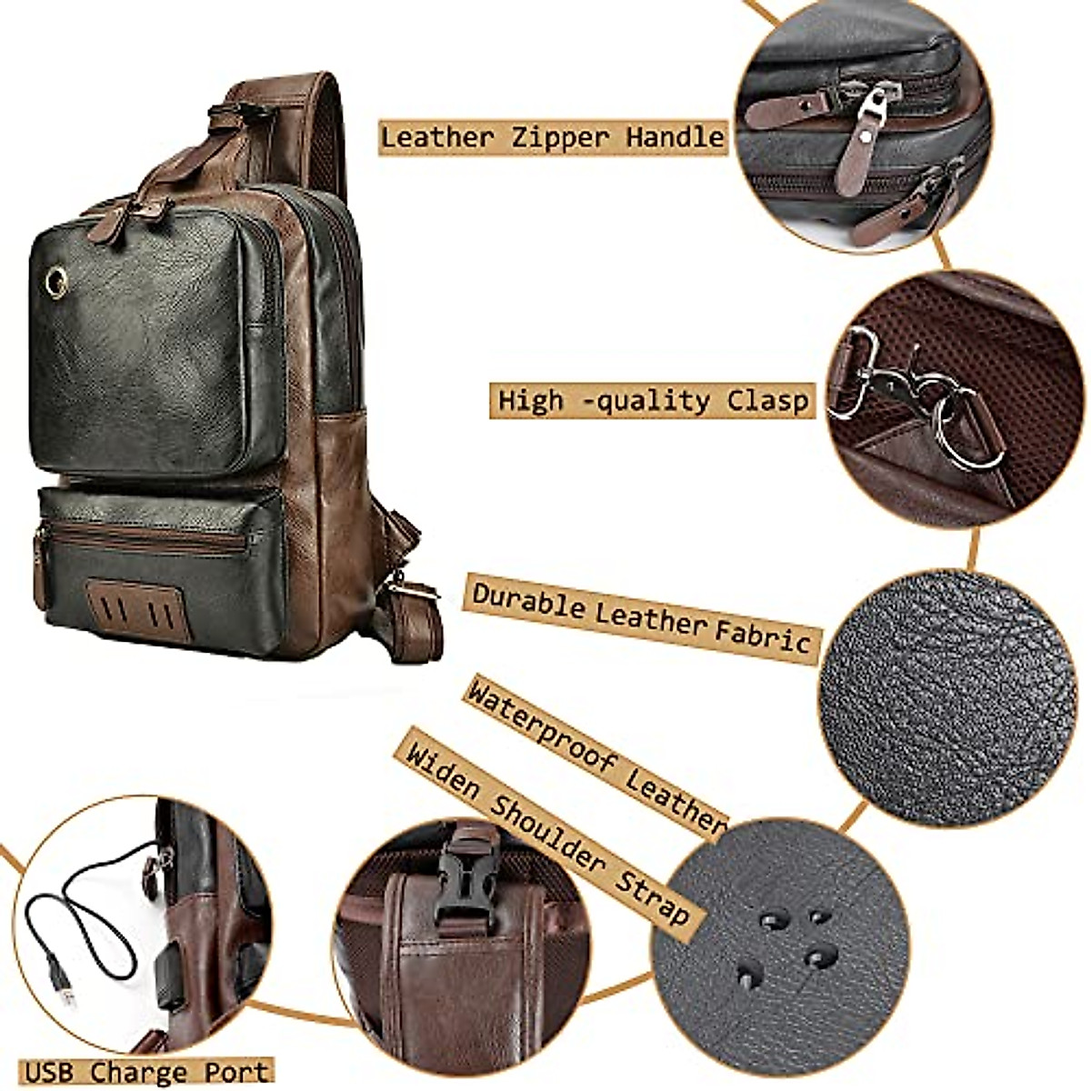 Small Black Sling Crossbody Backpack Shoulder Bag, Vintage PU Leather Casual Daypack Rucksack with USB Charger bag for Men Women