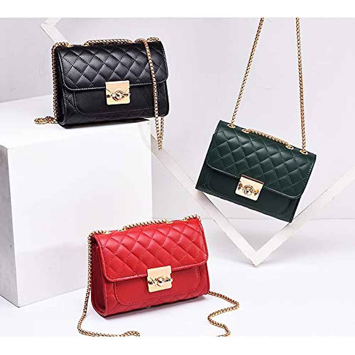 Hanbella Crossbody Purse for Women - Cute Quilted Leather Shoulder Bag with Gold Chain Strap for Teen Girls - Womens Clutch