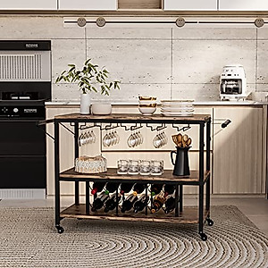 3-Tier Wine Table, Serving Bar Carts for The Home with Glass Holder, Mini Home Bar, Industrial Liquor Carts on Wheels, Rustic Wood and Metal Coffee Station and Drink Trolley for Dining Room, Kitchen