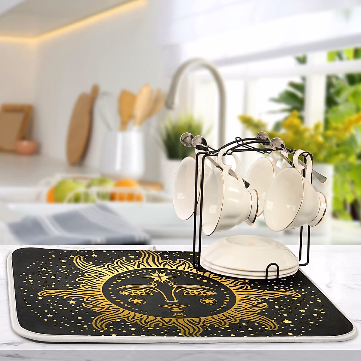 Hand Drawn Gold Golden Face of the Sun Stars on Black Dark Kitchen Dish Drying Mat, Absorbent Microfiber Pad Drainer, Heat-resistant Countertops Sinks Protector with Hanging Loop 18"x24"