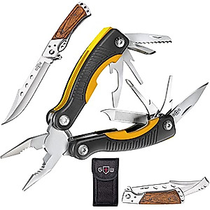 Grand Way Bundle of 2 Items Hunting Folding Knife with Rosewood Handle - Tactical EDC Pocket Knife - Foldable Long Blade Pocket Knife - Mini Multitool Knife 12 in 1 - Best Gear Accessory - Gifts
