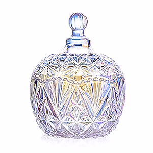 Colorful Crystal Glass Jar, Sugar Bowl Candy Dish, Snacks Storage Jar with Lid, Decorative Trinket Cosmetics Display Pot for Dressing Table Bathroom Parties Xmas, Gift for Girl (9.8 * 9.8 * 12)