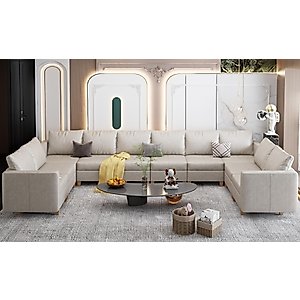 EASE MOOSE Large Sectional Sofa U Shaped Sectional Couch with Storage, Faux Leather Modular Sofa Convertible Sleeper Sofa with Reversible Chaises, Whitesand