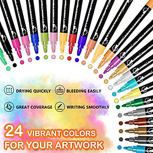 Acrylic Paint Pens Markers, 24 Colors Dual Tip Acrylic Paint Pens for Rock Painting, Wood, Canvas, Stone, Glass, Ceramic Surfaces, DIY Crafts Making Art Supplies (Round Tip and Fine Tip)