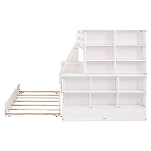 DEYOBED Twin Over Full Wooden Bunk Bed with Trundle and Shelves - Designed for Kids, Teens, and Adults, Enhancing Space and Organization in Bedrooms