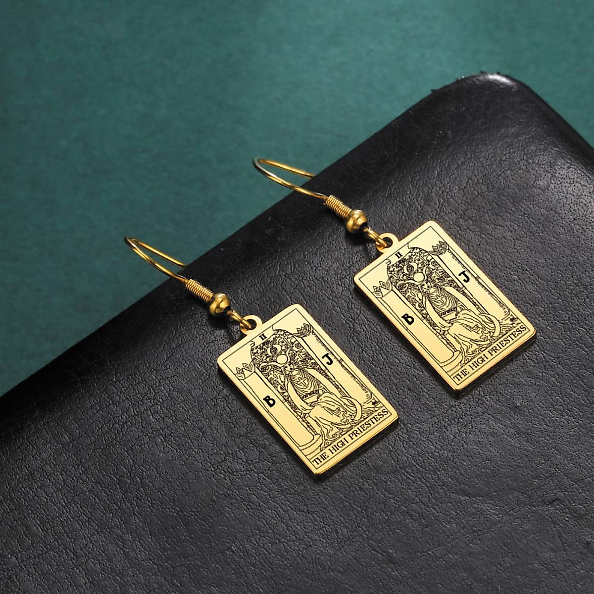 TEAMER Tarot Cards Dangle Earrings Stainless Steel Vintage Amulet Wiccan Jewelry for Women (Gold-THE HIGH PRIESTESS)