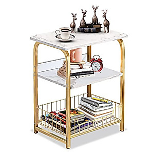 Garden 4 you End Table Side Table 3 Tiers White Marble Nightstand Industrial Retro Storage Shelf for Living Room Bedroom Kitchen Family and Office,Stable Wood and Metal Frame