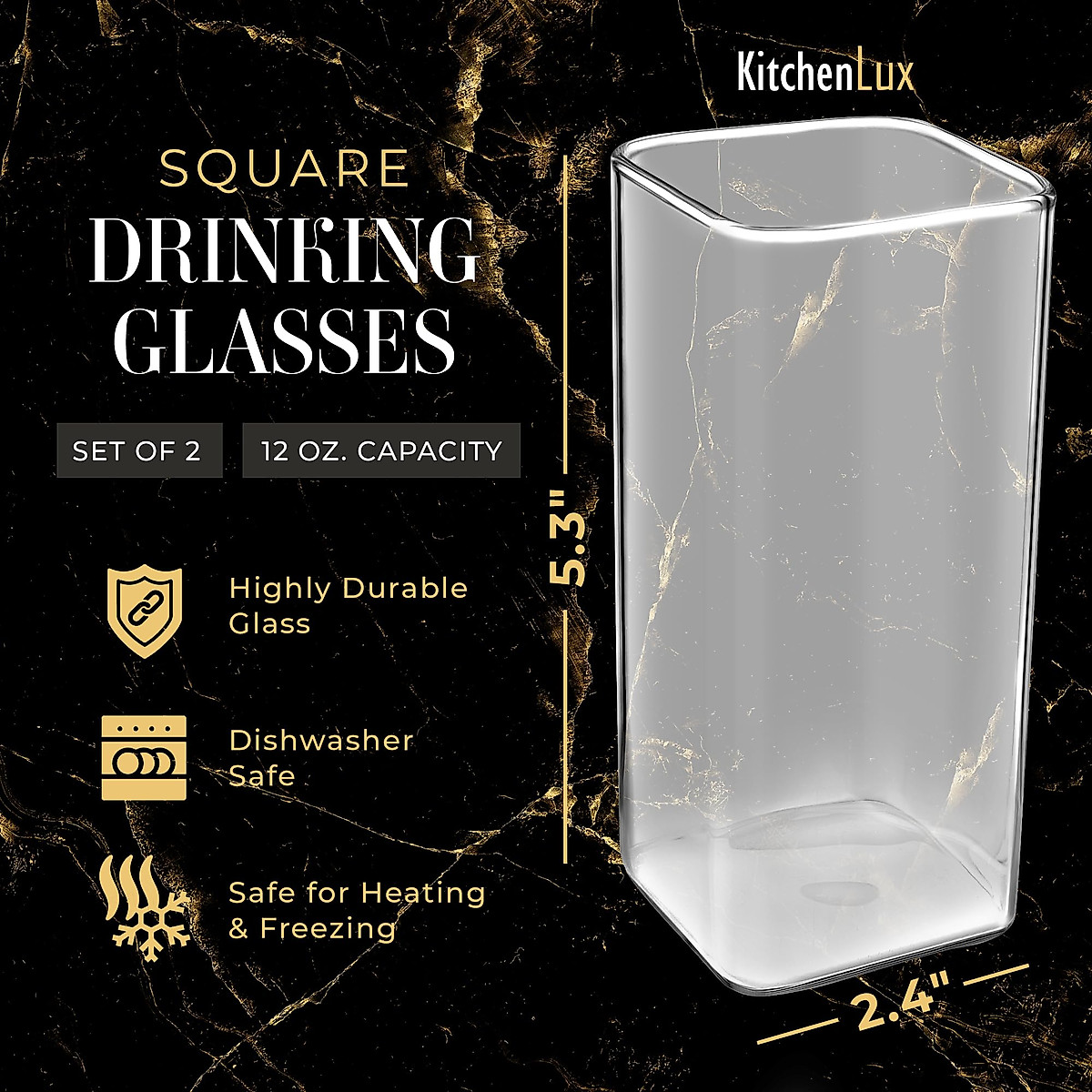 Kitchen Lux Square Drinking Glasses Set of 2 - Square Glass Cups 12 oz - Modern Glassware Set - Trendy Aesthetic Glass Ware for Highball Whiskey Cocktail Beer Water Tea Iced Coffee - Bar Accessories