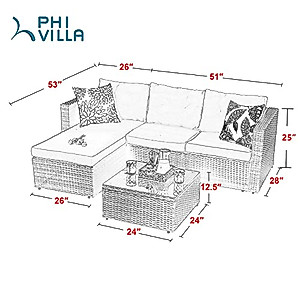 PHI VILLA Patio Sectional Clearance Manual Weaving Wicker Small L-Shaped Outdoor Furniture Sofa Set with Upgrade Rattan (3 Piece,Red)