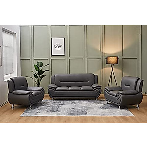 Kingway Faux Leather Living Room Sofas, 3 SEAT, Gray