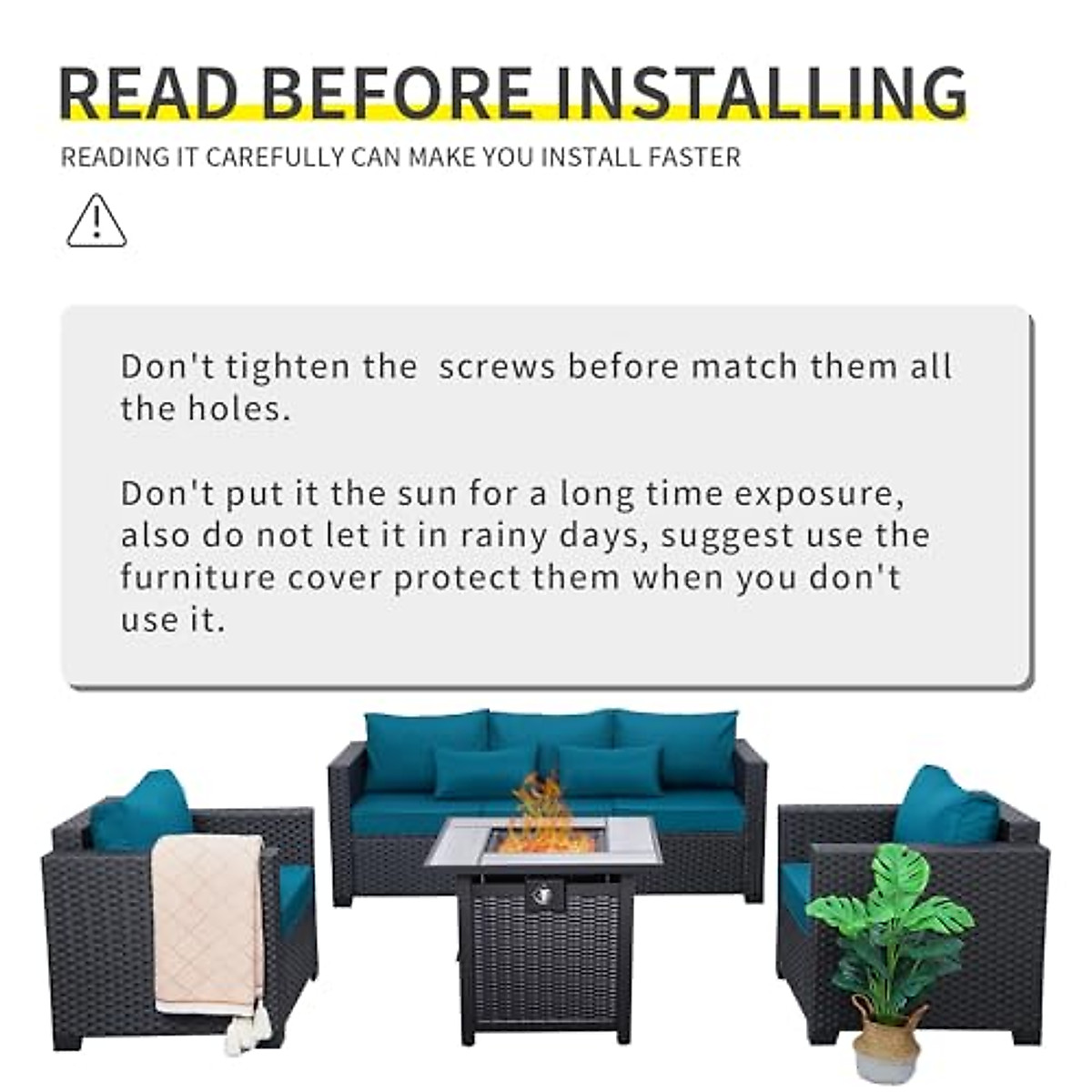 Lviden 4 Pieces Outdoor Patio Furniture Set, Wicker Conversation Sets, Black PE Rattan Sectional Couch Sofa with 50000 BTU Gas Fire Pit Table and Peacock Blue Cushions