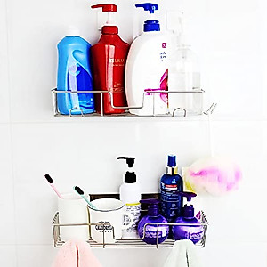 Casaphoria Shower Caddy, Adhesive Shower Organizer with 6 Hooks, Shower Shelf for Inside Shower No Drilling - Rustproof Stainless Steel Shower Rack Wall Mounted, 2 Pack(White Silver)