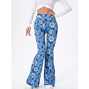 WDIRARA Women's Elastic High Waist Allover Print Floral Bell Bottom Flare Leg Long Pants Blue and White S