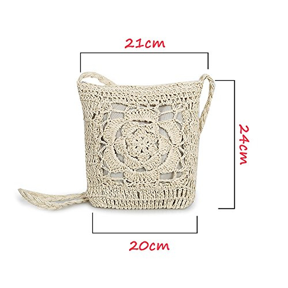 Qoyntuer Woven Straw Messenger Knitted Bag,straw Shoulder Bag Women's Handwoven Crossbody Handbag Cotton Crochet Shoulder Purse Handmade Flower Beach Storage Bag Summer Beach Shoulder Handbag (Beige)