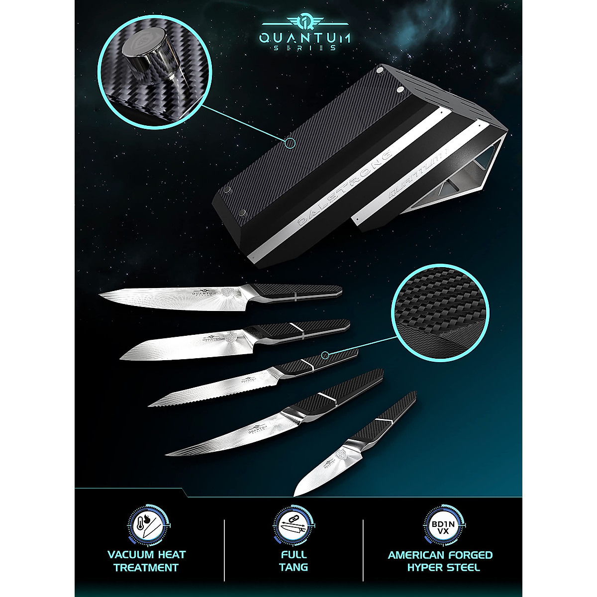 Dalstrong Knife Block Set - 5 Piece - Quantum 1 Series - American Forged BD1N-VX Hyper Steel - Carbon Fibre G10 Hybrid Handle - Professional Kitchen Set - Knife Set