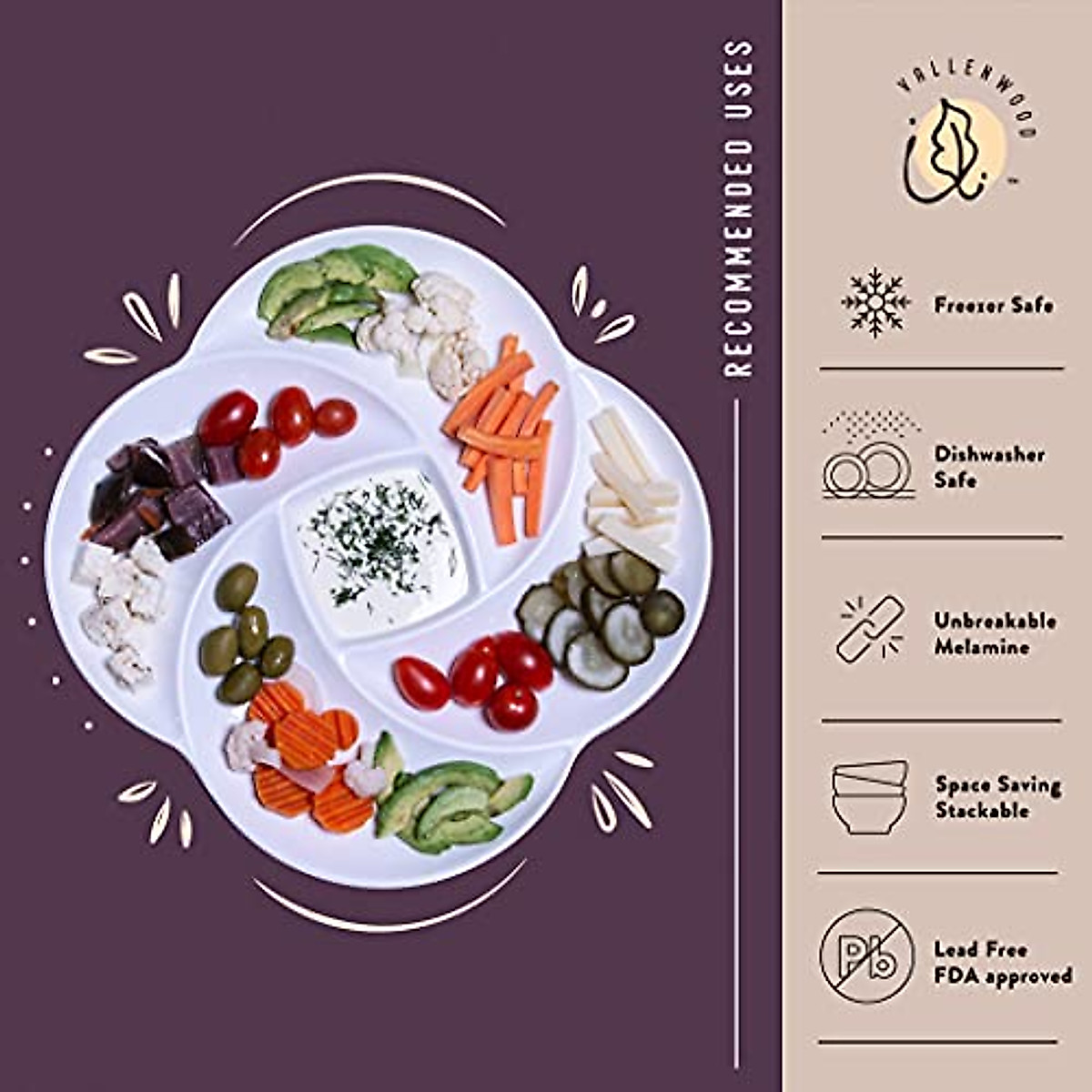 1 Ecology Reusable Non Disposable White Veggie Tray for Partys. 13 in, Unbreakable Melamine Not Plastic. Appetizer Sectioned Platter. Vegetables and Fruits. Chip and Dip Serving Dish for entertaining.