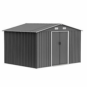 Lifeand 10’x 8’ Outdoor Storage Shed, All Weather Metal Sheds with Metal Foundation & Lockable Doors, Tool Shed for Garden, Backyard, Front Yard, Lawn, Patio, Grey