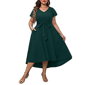 Plus Size Holiday Dress Women Emerald Dark Green High Low V Neck Long Flowy Elegant Dresses with Pockets