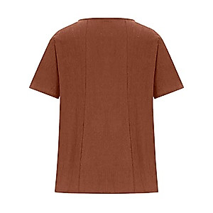 Summer Women Cotton Linen T-Shirt Casual Floral Pattern Blouses Tops Short Sleeve Crewneck Loose Tunic Comfy Soft Tees Coffee