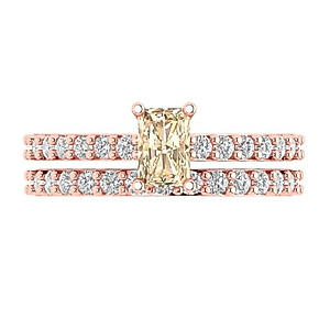 Clara Pucci 1.51ct Emerald Cut Solitaire Natural Brown Morganite Designer Art Deco Statement Wedding Ring Band Set 18K Rose Pink Gold 9.5