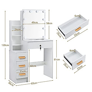 White Makeup Vanity Desk Set with Lighted Mirror, Large Vanity Dressing Table with Drawers & Stool for Women, Girls Bedroom Set