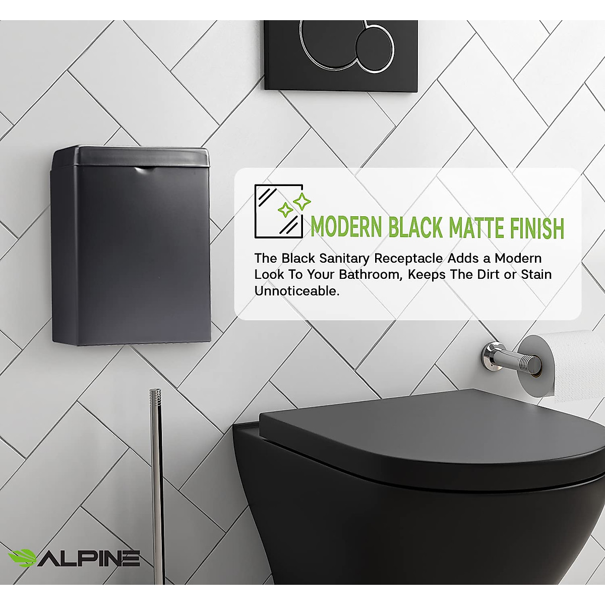Alpine Sanitary Napkin Receptacle – Wall Mounted Tampon Holder for Bathroom Provides Clean & Odor-Free Restroom for Home, Office & Public Restrooms (Black)