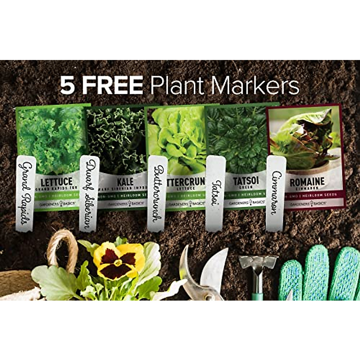 Hydroponic Seeds for Planting Planting Indoors and Outdoor 5 Variety Pack - Tatsoi, Kale, Buttercrunch, Romaine and Loose Leaf Lettuce Seeds by Gardeners Basics
