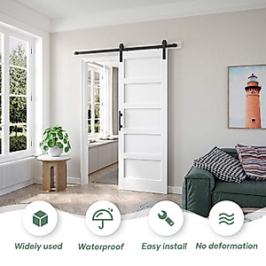 Fredbeck 30x84 inch White Barn Door with 5.5FT Sliding Door Hardware Kit Included & Handle,Solid,MDF, PVC Surface,DIY Assembly,5-Panel,Fit 27in-28in Opening