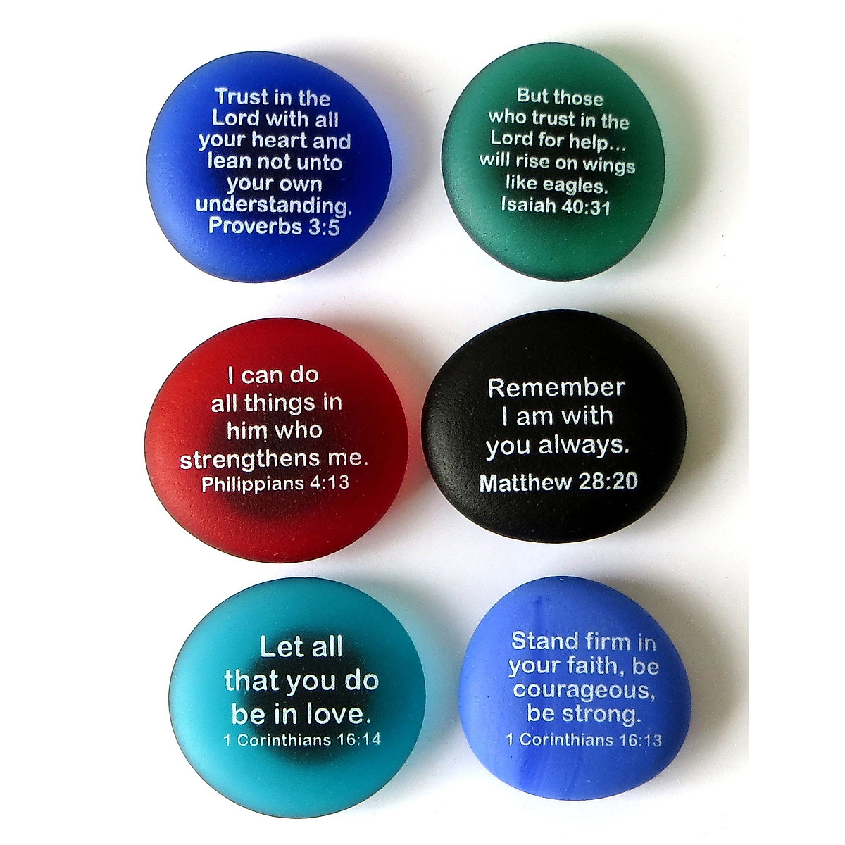 Scripture Magnets, Your Favorite Inspirational Bible Verses Printed On Frosted Sea Glass Stones, Attached to Super-Strong Magnets. by Lifeforce Glass