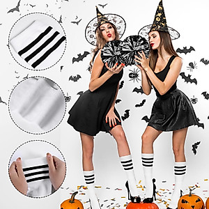 Shinymoon 4 Pcs Zombie Halloween Scary Cheerleader Costume Accessories 2 Pom Poms 1 Hair Bow and Striped Socks for Dress up(Striped, Adult)