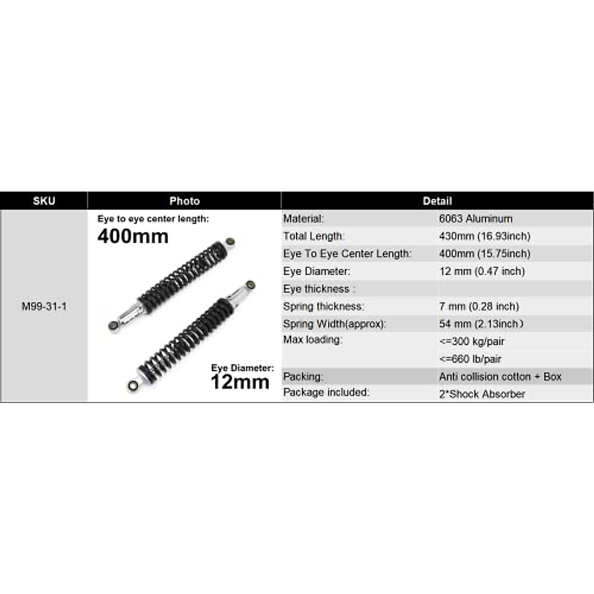 Hegeiis 400mm 15.75 inch 7mm Spring Universal Motorcycle Air Shock Absorber Rear Suspension ATV Quad Scooter Dirt Bike For 50cc 75cc 90cc 125cc 150cc 250cc 300cc (Black)