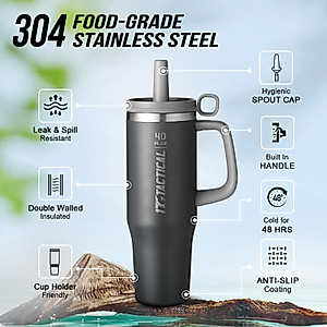 1TG Tactical 40 oz Tumbler with Straw and Lids - Tactical Water Bottle with Handle | Reusable Stainless Steel Metal Bottle Silicone Straws with Cover | Cupholder Friendly for Travel Camping Gym Shcool