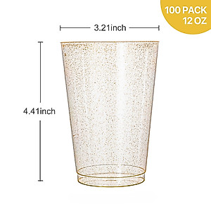 N9R 100pcs 12oz Gold Plastic Cups, Gold Glitter Disposable, Elegant Wedding and Party Cups