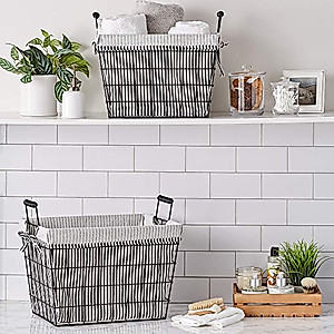 DII Metal Farmhouse Lined Basket, Contemporary Storage Container, Ticking Stripe, Assorted