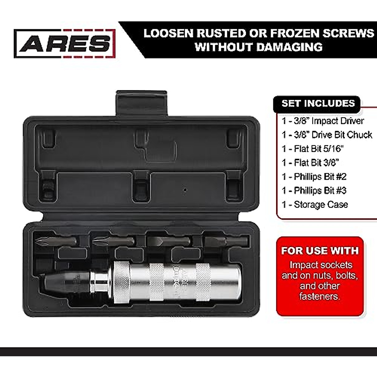 ARES 70006-3/8-Inch Drive Manual Reversible Impact Driver - Flathead 5/16-Inch, 3/8-Inch, and Phillips 2, 3 Bits Cover Most Common Applications - Disengage Rusted Fasteners or Frozen Bolts