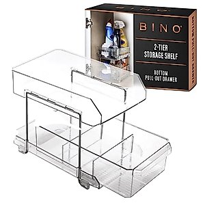 BINO 2 Tier Clear Storage Organizer with Dividers | Bottom Slide Out Drawer for Under Sink, Medicine Cabinet | Bathroom Closet, Vanity, Pantry Organizer | Under Cabinet Storage for Bathroom & Kitchen