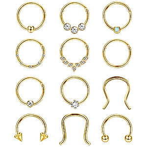 YADOCA 12PCS 16G Septum Rings Surgical Steel Septum Nose Piercing Jewelry Septum Clicker Nose Rings Hoops for Women Men Horseshoe Daith Helix Tragus Lip Cartilage Earrings Gold 10MM