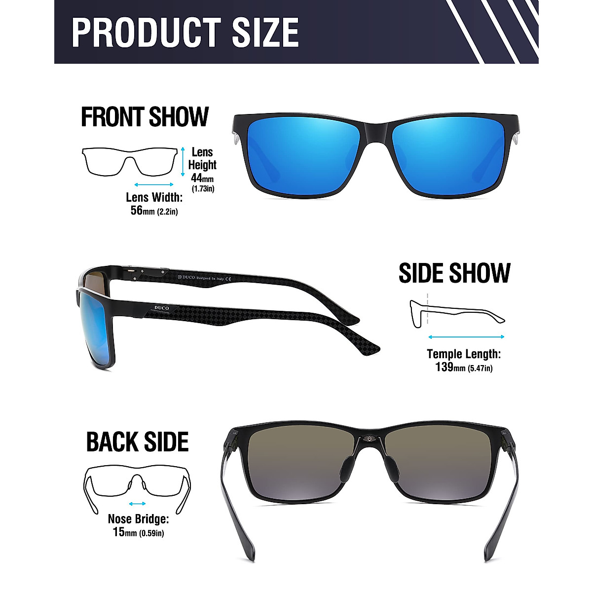 DUCO Mens Sunglasses Polarized Rectangle Sunglass for Men Lightweight Carbon Fiber UV400 Protection 8206