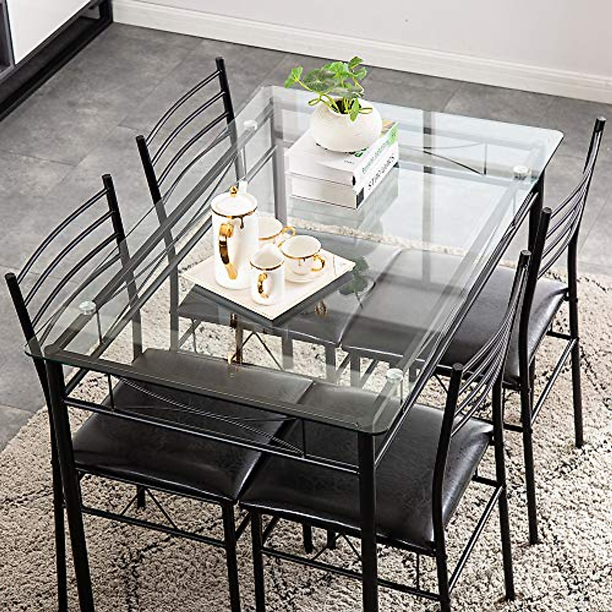 SSLine 5-Piece Glass Dining Table Set with 4 Chairs Small Space Kitchen Table Modern Simple Dining Room Dinette Sets w/1 Tempered Glass Top/Metal Frame Table and 4 Leather Cushion Seat Dining Chairs