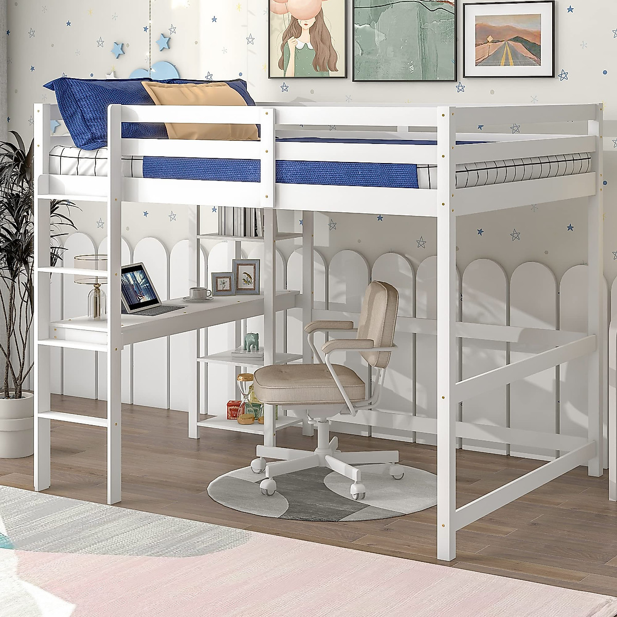 HZHOME Full Loft Bed with Desk and Shelves,White