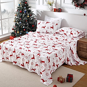 CAROMIO Christmas Sheets Twin, Soft Brushed Microfiber Bed Sheet Set, 16 Inches Deep Pocket Fitted Sheet Winter Holiday Sheets Set (Red Reindeer, Twin)