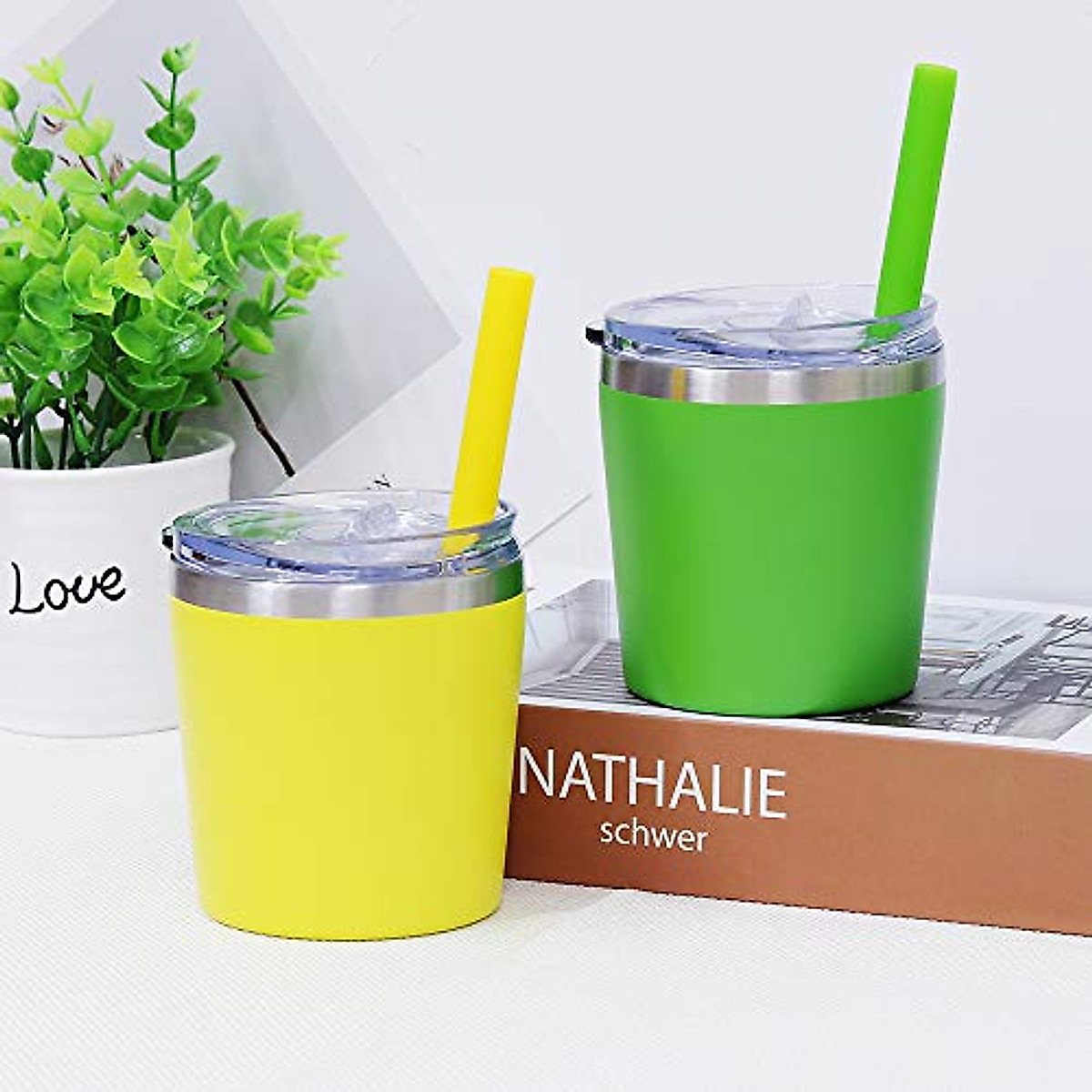 Colorful PoPo Cute Small Stainless Steel Mom and Kids Tumbler, Stackable Toddler Smoothie Cup with Lid and Silicone Straws, Set of 2 (Green Yellow, 8 OZ)