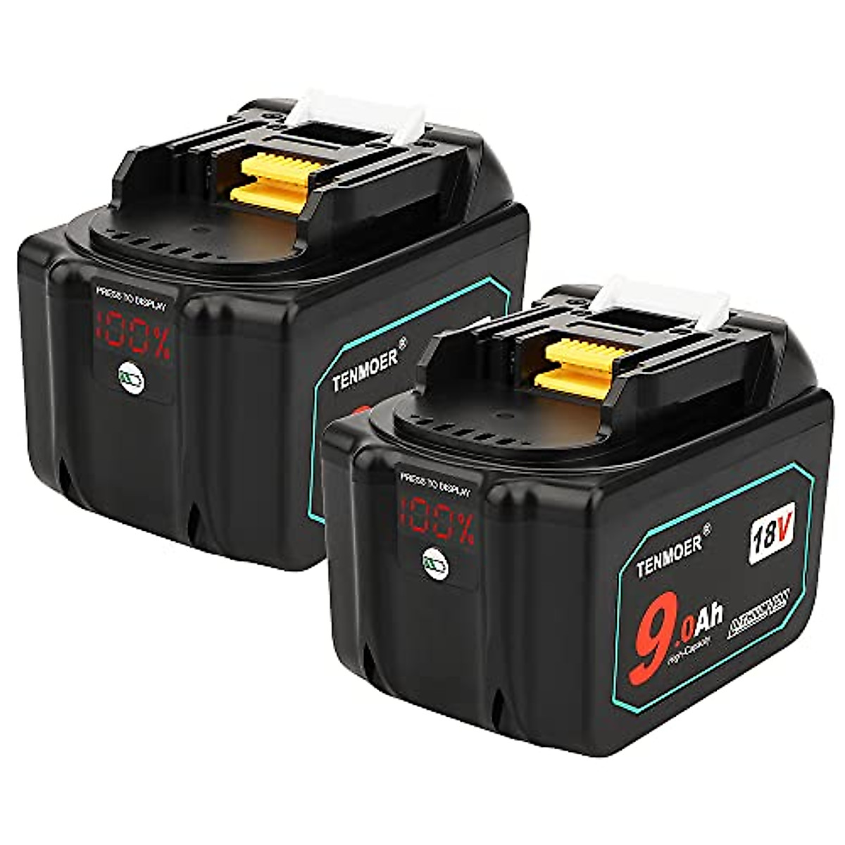 TENMOER 18V 9.0Ah BL1890 Replacement Battery Compatible with Makita 18V BL1830B BL1860B Cordless Drill with LED Screen Display,2-Pack