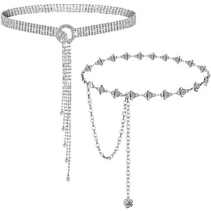 Vabean 2 Pieces Rhinestone Belt for Women Shiny Crystal O-Ring Waist Belts for Dress Diamond Chain Belt for Ladies Dress Gift (Silver)