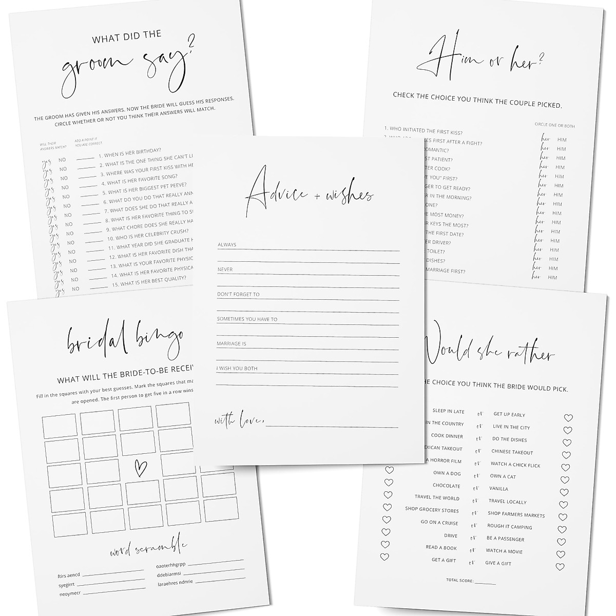 GardenCity Bridal Shower Games For 50 Guests, 4 Games + Advice and Wishes - Double Sided Cards - Minimalist