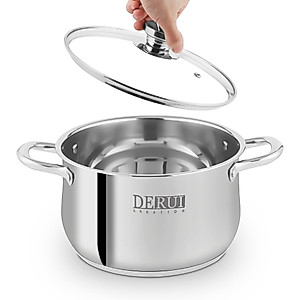 Stock Pots,5 QT Stainless Steel Saucepot with Glass Lid Silver Anti-scalding Handle Stockpot By DERUI CREATION (5QT(9.45”x6.10”), Silver)