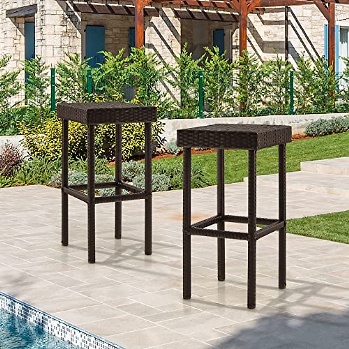 HAPPYGRILL Set of 2 Patio Bar Stools Outdoor PE Rattan Bar Chairs with Sturdy Steel Frame and Footrests, PE Wicker Bar Stools for Backyard Poolside Garden