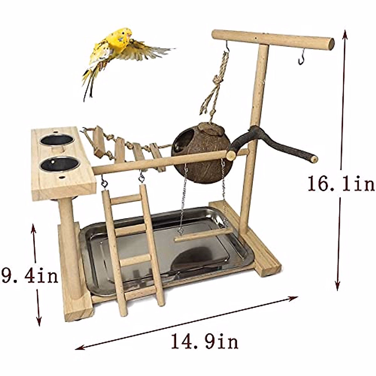 Hamiledyi Bird Playground for Conures Parrot Playstand Cockatiel Play Stand Wood Perch Gym Playpen Ladder Swing Chew Toy with Feeder Cups for Lovebirds Parakeet Cage Accessories Exercise Platform
