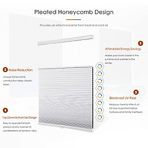 Changshade Custom Top Down Bottom Up Cellular Shades Cordless Blackout, Honeycomb Blinds Room Darkening Window Shades, 1.5" Cell Pleated for Office,Bedroom, Child, Bathroom, Easy to Install,White