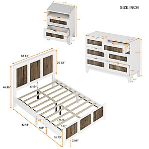 Merax 4 Pieces Bedroom Sets, Queen Size Farmhouse Platform Bed with Wooden Strip Decoration, Storage Nightstand and Dresser with Metal Handle, White